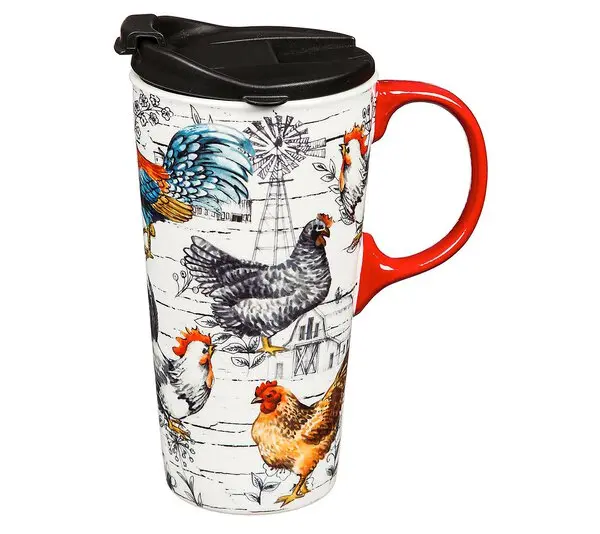 EVERGREEN 17oz.ceramic Chicken Collage Travel C Up