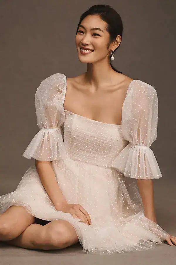 Watters Macaron Square-Neck Tulle Embellished Mini Dress In White - 72% Off  | Editorialist
