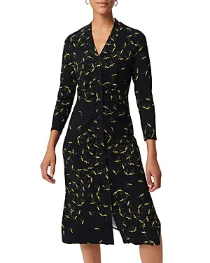 Hobbs London Hatty Printed Button Front Dress In Navy Chartreuse