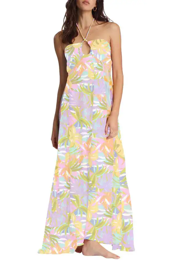 Billabong So Groovy Palm Leaf Halter Maxi Dress In White/ Multi - 50% Off |  Editorialist