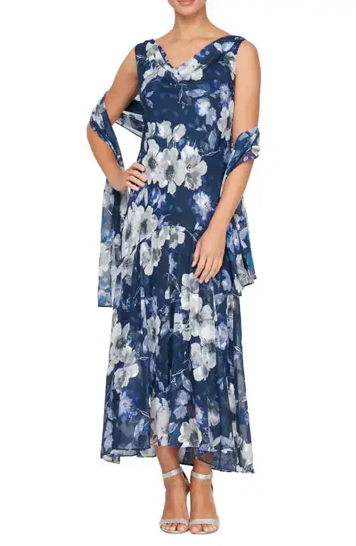 Alex Evenings Floral Cowl Neck A-Line Dress With Shawl - Navy Multi |  Editorialist