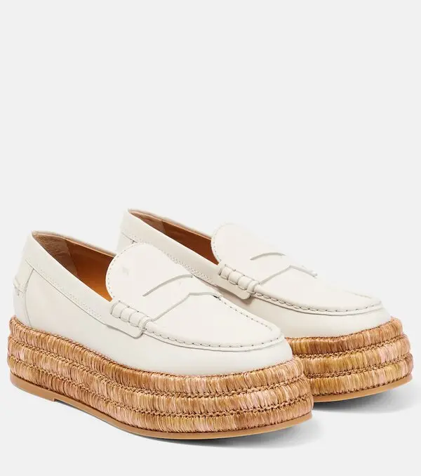 TOD'S Leather And Raffia Platform Loafers