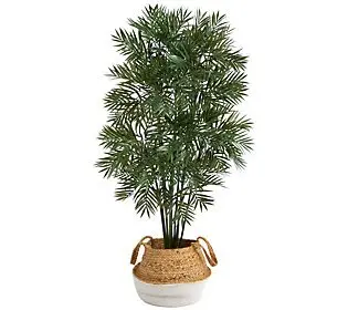 NEARLY NATURAL 4' Parlor Palm In White Woven Pl Anter