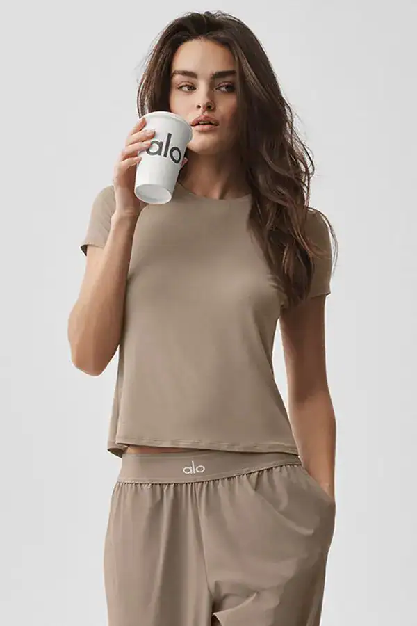 Alo Yoga All Day Short-Sleeve Top - Gravel - 31% Off | Editorialist