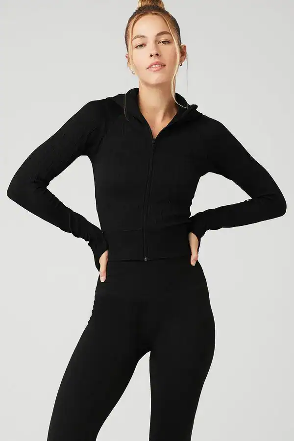 Alo Yoga Seamless Cable Knit Jacket - Black | Editorialist