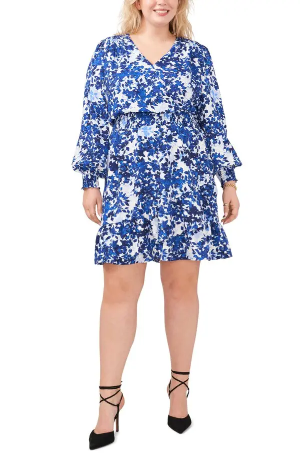 Vince Camuto Floral Long Sleeve Dress In Opulent Blue - 60% Off |  Editorialist