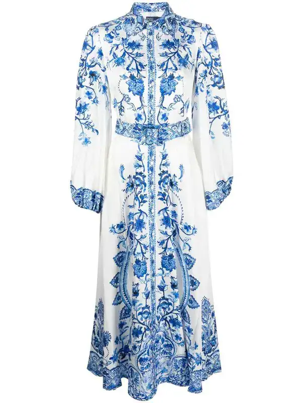 Ralph Lauren Paisley-Print Belted Midi Dress - White | Editorialist