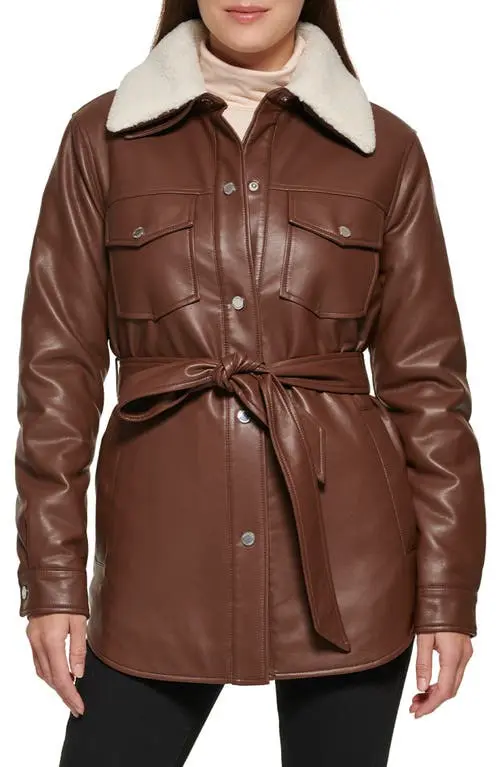KENNETH COLE Faux Leather Belted Shacket With Faux Shearling Collar - Chocolate