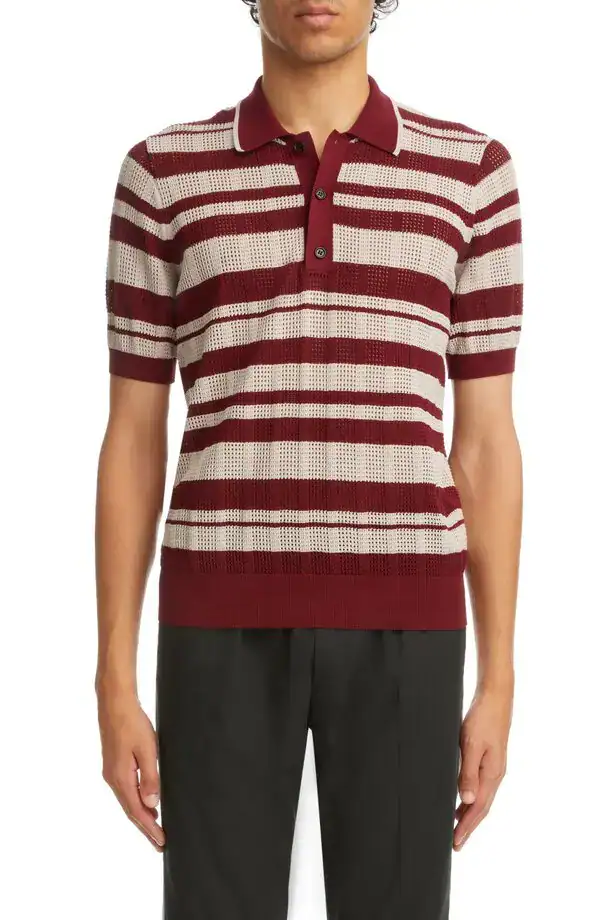 Dries Van Noten Mirko Stripe Sweater Polo In Bordeaux - 50% Off