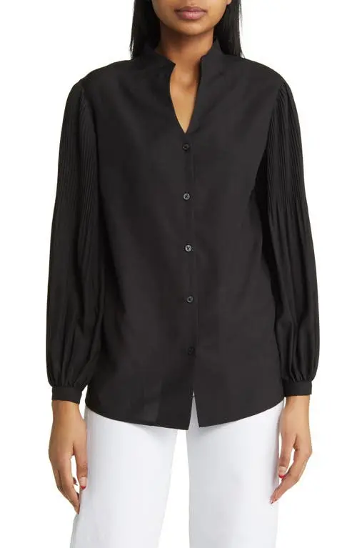 Misook Pleated Balloon Sleeve Button-up Blouse