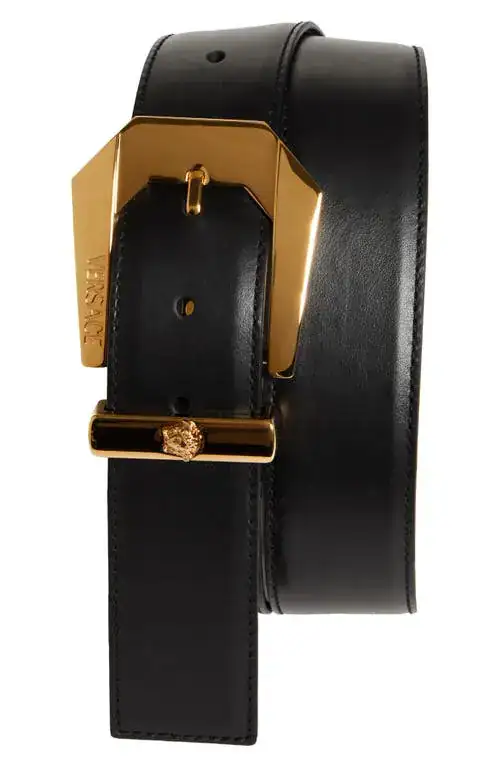Versace Western Buckle Leather Belt Black/Gold Editorialist