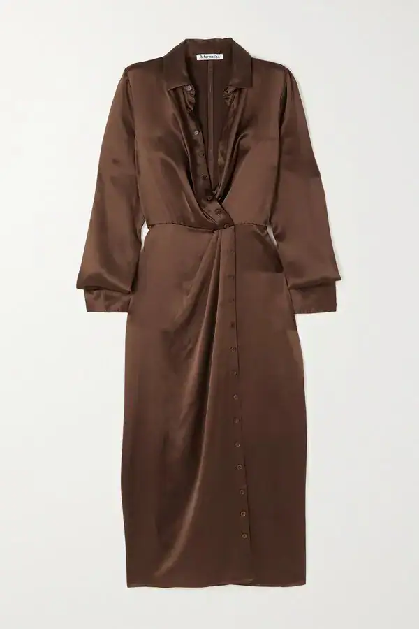 brown silk shirt dress Reformation Lyon Silk-Satin Midi In - 30% Off Anastasia's blue opera dress ff:amb_16102023 concealed button front Long Color:Blue Mist Perfect shirt