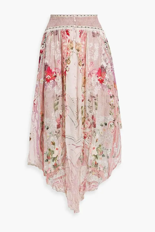 Camilla Asymmetric Studded Printed Silk-georgette Midi Skirt