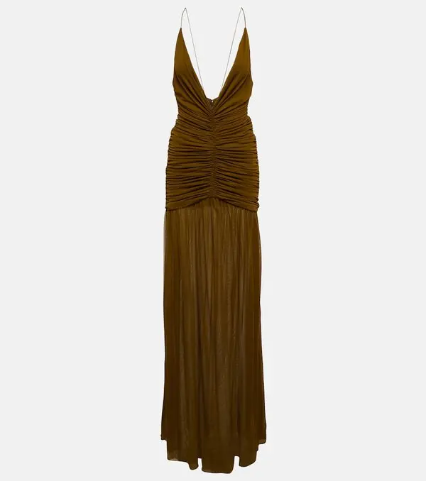 Saint Laurent Ruched Deep V-Neck Gown - Brown