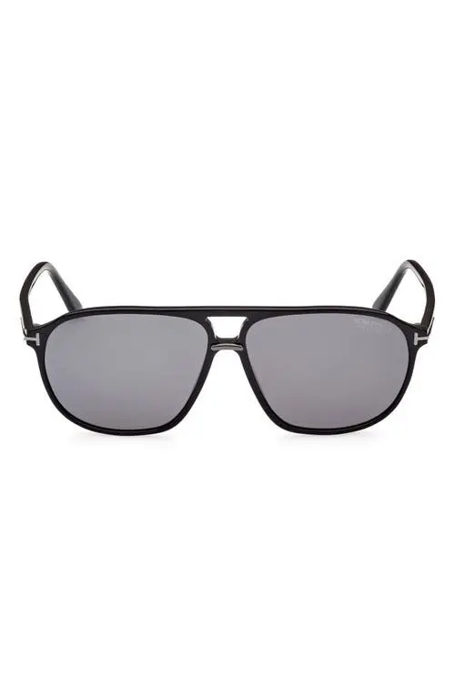 TOM FORD 61mm Polarized Navigator Sunglasses - Shiny Black / Polarized Smoke