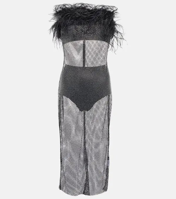 Giuseppe Di Morabito Feather-trimmed Embellished Midi Dress - Black