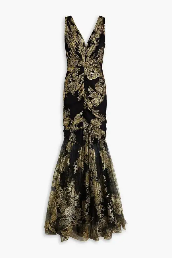 marchesa notte black and gold dress ONE-SHOULDER DRESS WITH SHEER MESH IN GOLD | CULT MIA main image 1