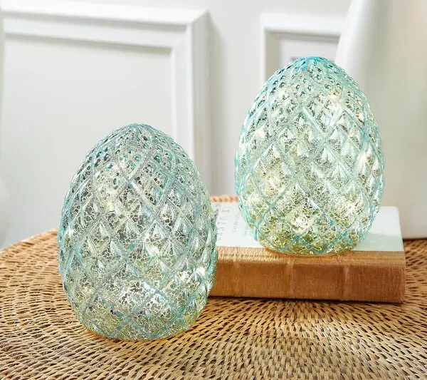VALERIE PARR HILL Set Of 2 Illuminated 7' Quilted Glossy Eggs Valerie