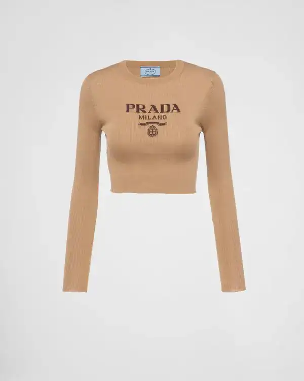 Prada Cropped Silk Sweater With Logo - Camel Brown | Editorialist