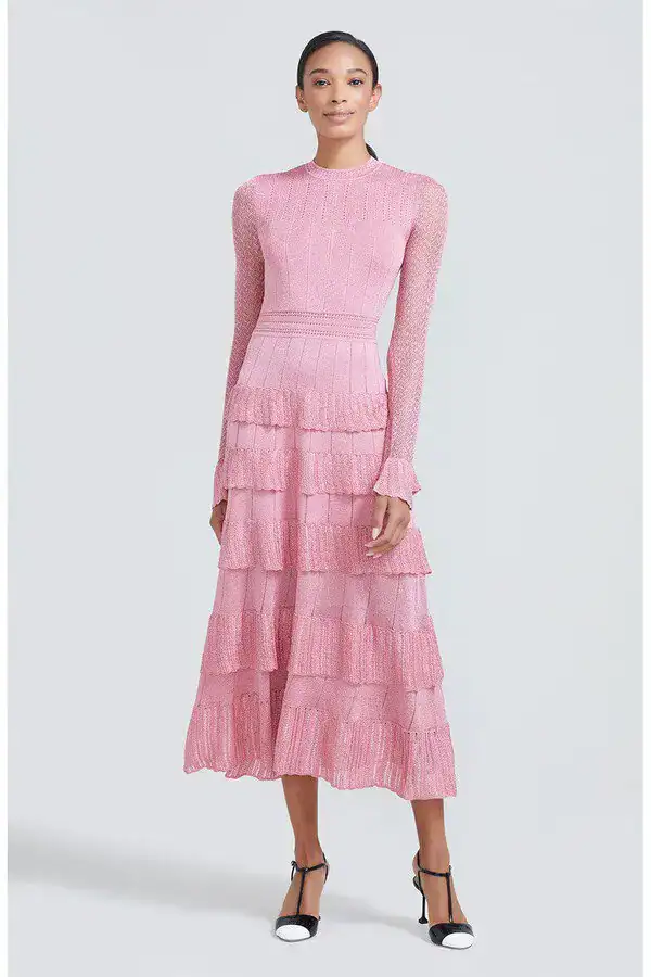 Lela Rose Ruffle Detail Knit Long Sleeve Midi Dress In Pink 65