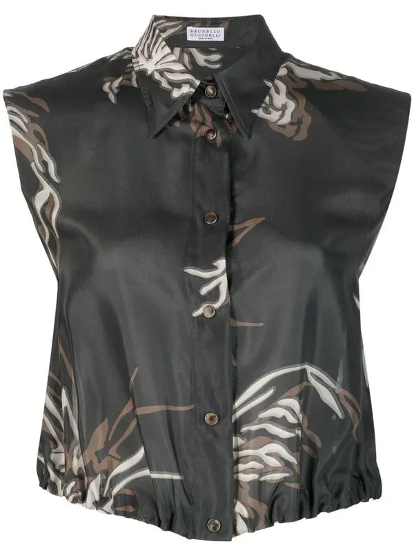 Brunello Cucinelli Sleeveless Floral Print Cropped Shirt