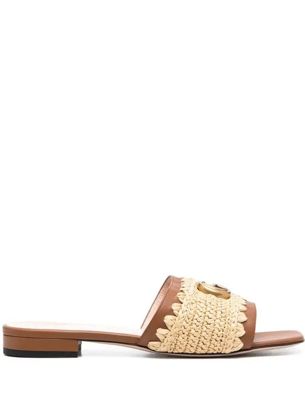 Gucci Double G Raffia Slide Sandals 9593 Rofe Beige/Peanut Brown