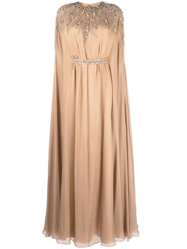Dina Melwani Crystal-Embellished Cape-Style Gown In Neutrals - 10% Off |  Editorialist