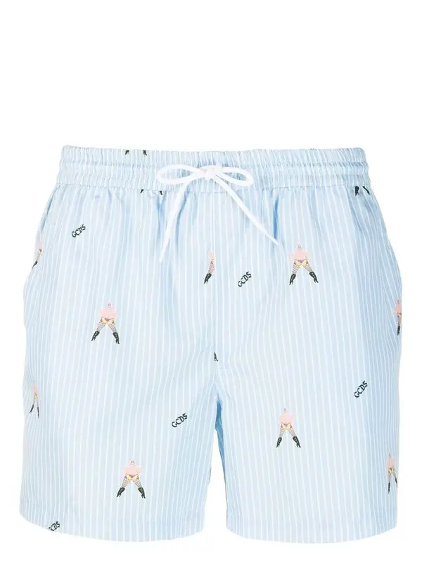 Gcds Cartoon-print Pinstripe Shorts - Blue