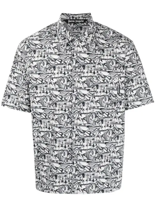 Palm Angels Waves-print Bowling Shirt - White