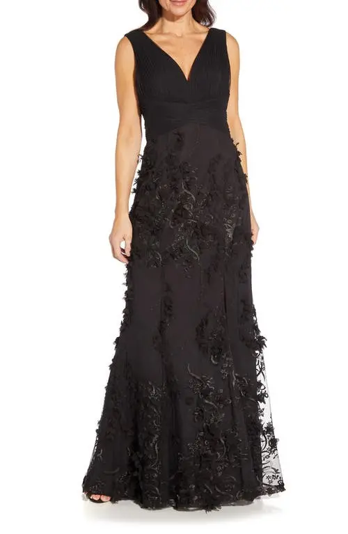 Adrianna Papell Embroidered Mesh Trumpet Gown - Black