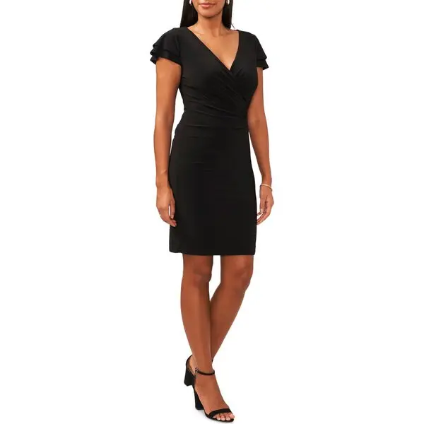 Chaus Flutter Sleeve Surplice V-neck Sheath Dress - Black