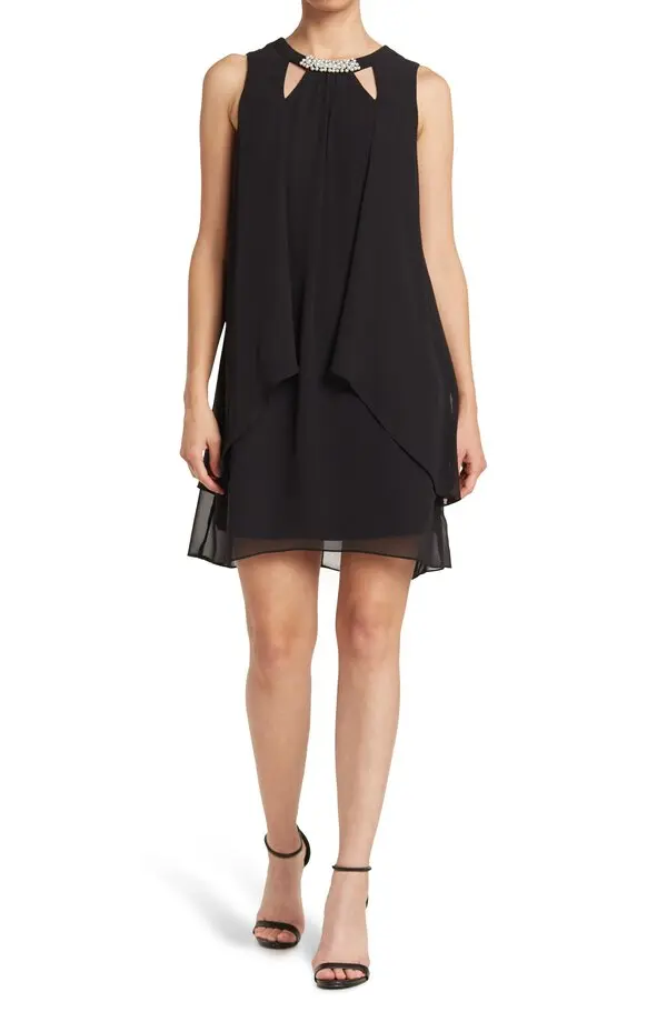 Sl Fashions Chiffon Cutout Pearl Accent Dress - Black | Editorialist