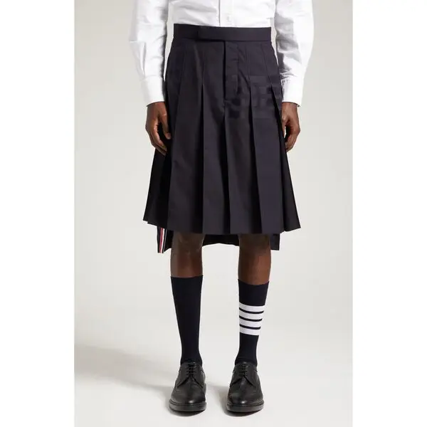 Thom Browne 4-bar Pleated High-low Wool Skirt - Dark Blue
