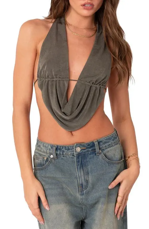 EDIKTED Plunge Cowl Halter Neck Crop Top - Olive