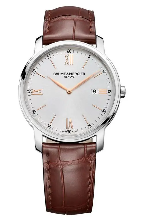 Baume & Mercier Classima Leather Strap Watch - Silver/gold/brown