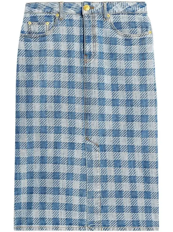 Ami Gingham Denim Pencil Skirt - Blue
