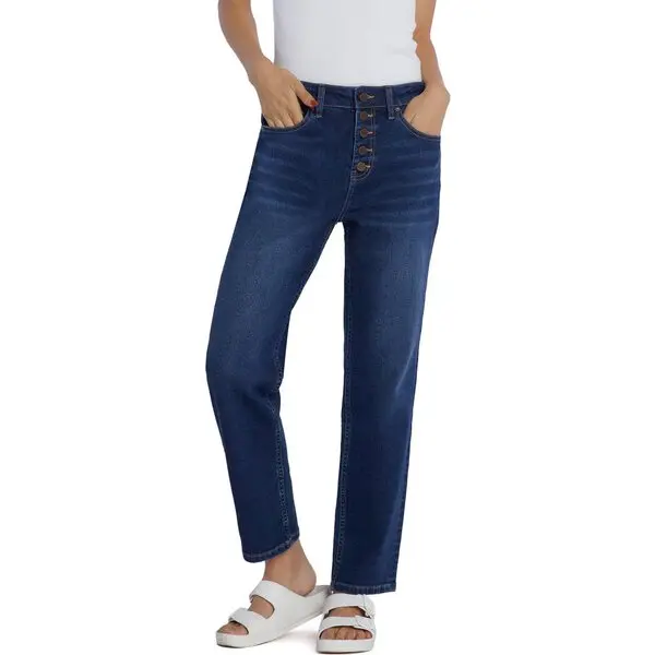 HINT OF BLU Exposed Button Fly Boyfriend Jeans - Dark Zuma