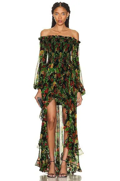 Caroline Constas Ambrossia Gown In Dark Green - Yellow Red Noir Floral |  Editorialist