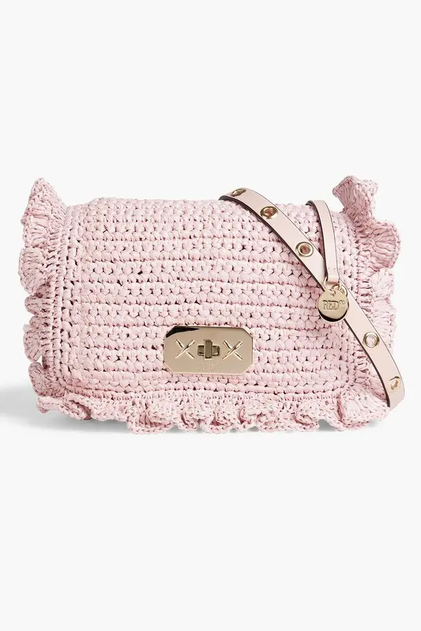 Red Valentino Rock Ruffles Leather-Trimmed Raffia Shoulder Bag