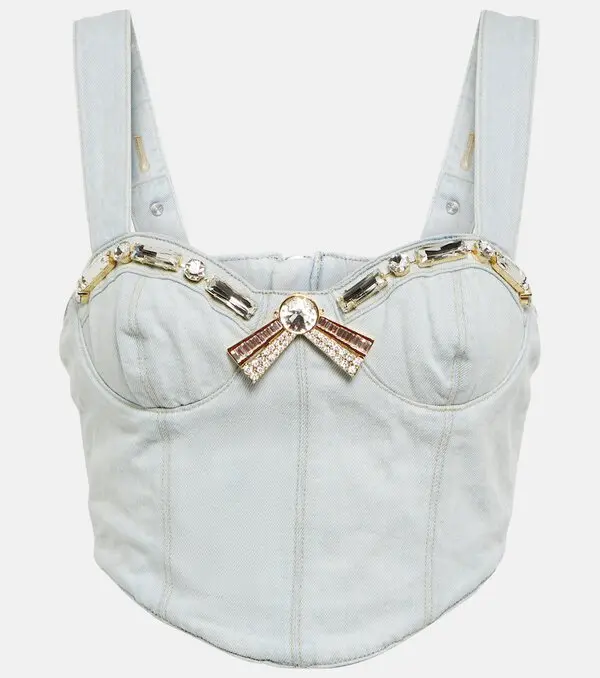 AREA Crystal-embellished Denim Crop Top