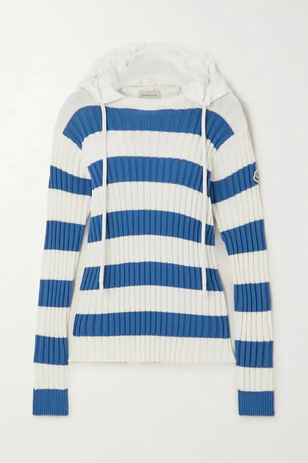 Moncler Shell-trimmed Striped Ribbed Cotton Hoodie
