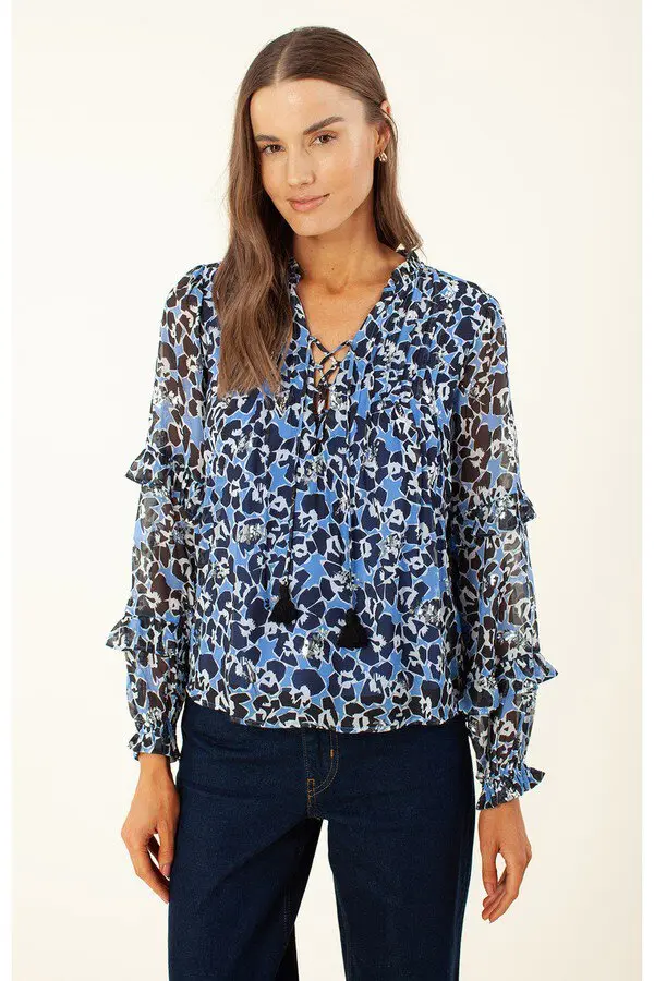 Hale Bob Bermai Foiled Lace-up Top - Blue