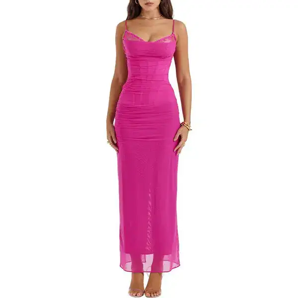 House OF CB Nalini Lace-Trim Corseted Maxi Dress - Fuchsia