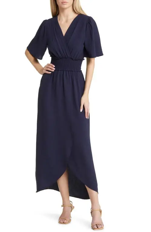Fraiche By J Smocked Flutter Sleeve Tulip Hem Maxi Dress - Navy |  Editorialist