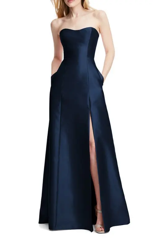 Alfred Sung Strapless Satin A-line Gown - Midnight