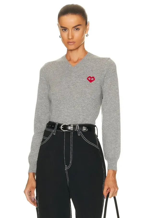 Play Comme Des Garcon Invader V-neck Pullover Sweater - Light Grey