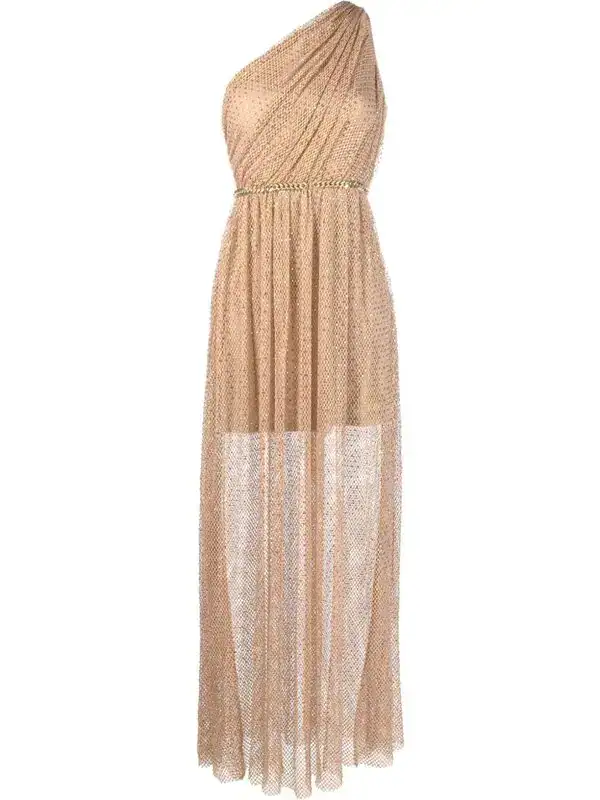 Self-Portrait Rhinestone-Embellished Fishnet One-Shoulder Dress In Neutrals  - 69% Off | Editorialist