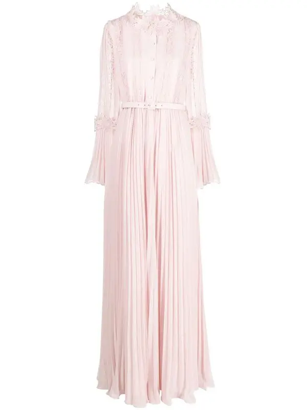 Self-Portrait Chiffon Lace Pleated Long Dress In Pink - 30% Off