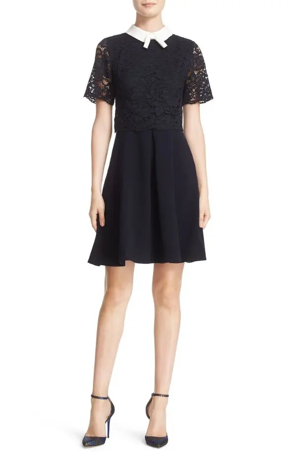 Ted Baker London Dixxy' Contrast Trim Lace Bodice Fit & Flare Dress - Navy  | Editorialist