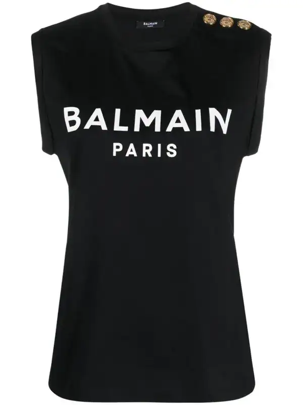 Balmain Logo-Print Button-Embellished Top - Black | Editorialist